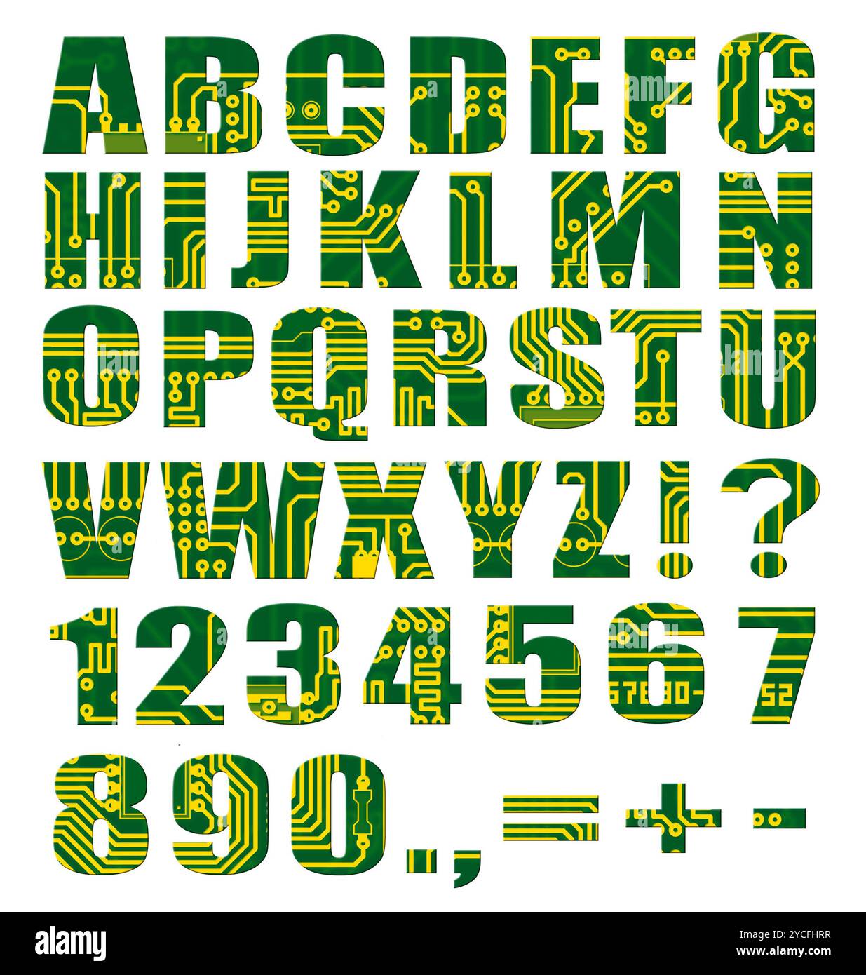 Electronic alphabet with letters and digits from circuit board on white ...