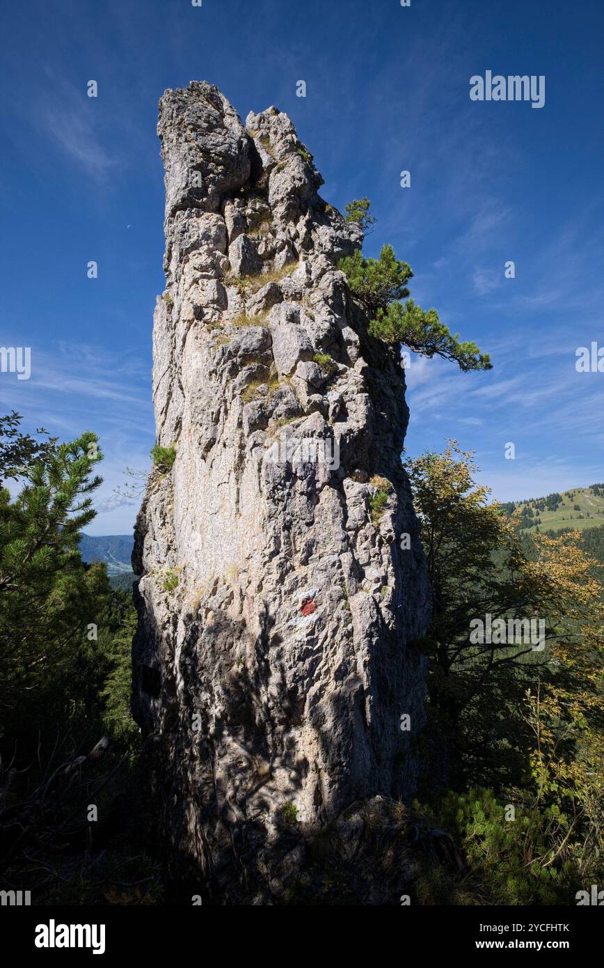 Tall rock boulder with a hiking trail sign rising up in a blue sky ...