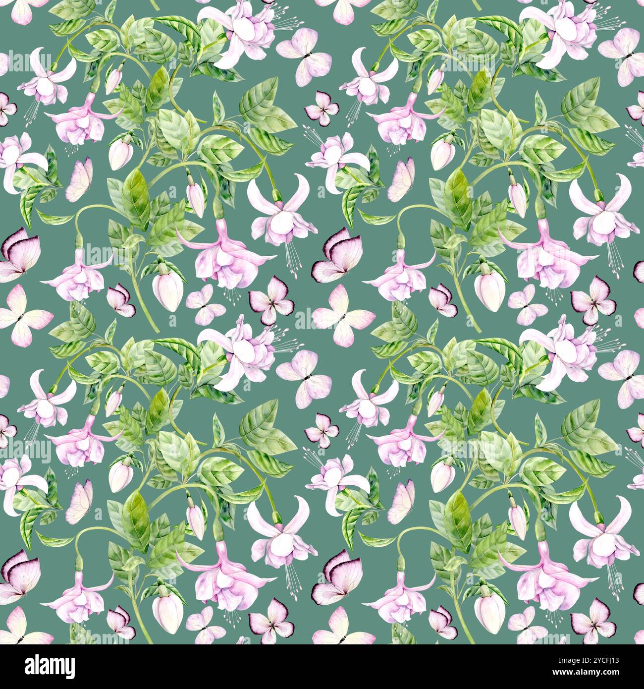 Seamless pattern of Fuchsia and butterflies. Watercolor illustration is ...