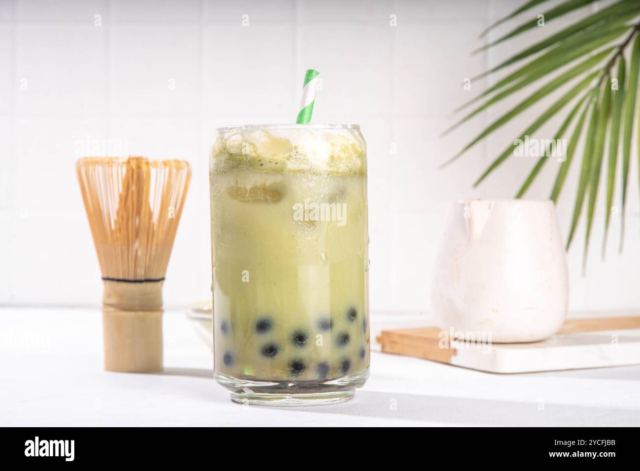 Green matcha boba bubble tea with tapioca pearl. Trendy asian cold iced ...