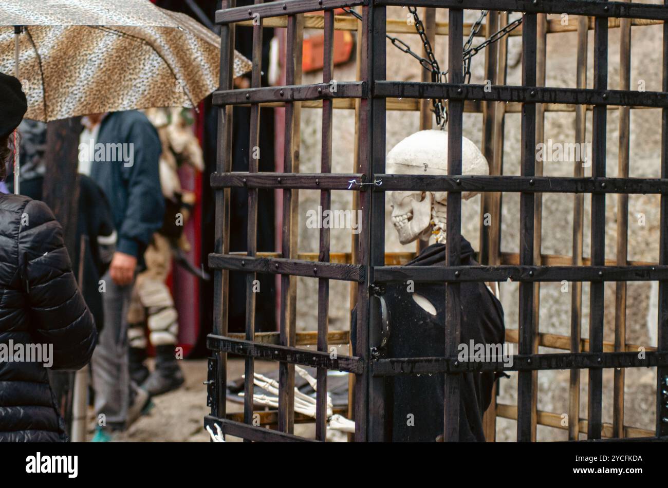 a plastic skeleton inside an iron cage in medieval style, Halloween ...