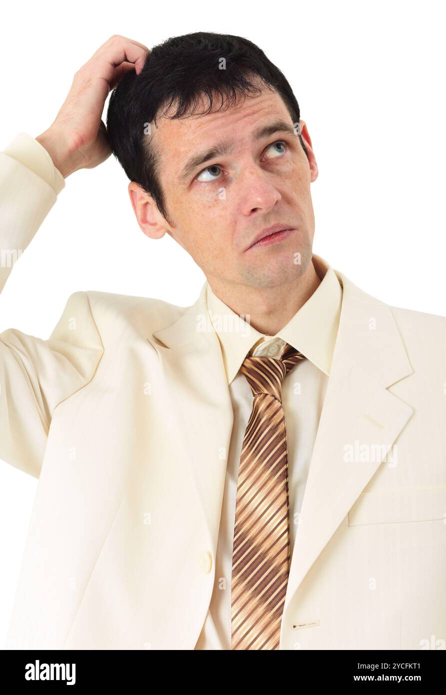Puzzled man scratches his head, isolated on white Stock Photo - Alamy