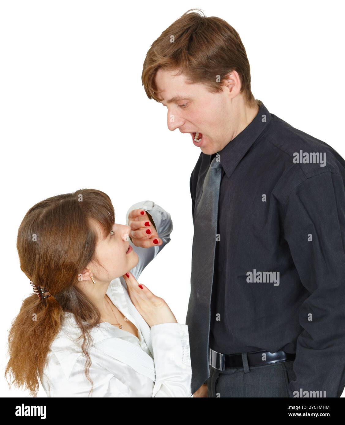 Terrible man shouted at the frightened woman on a white background ...