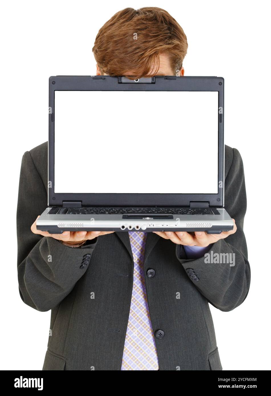 Businessman hiding behind computer screen, isolated on a white ...