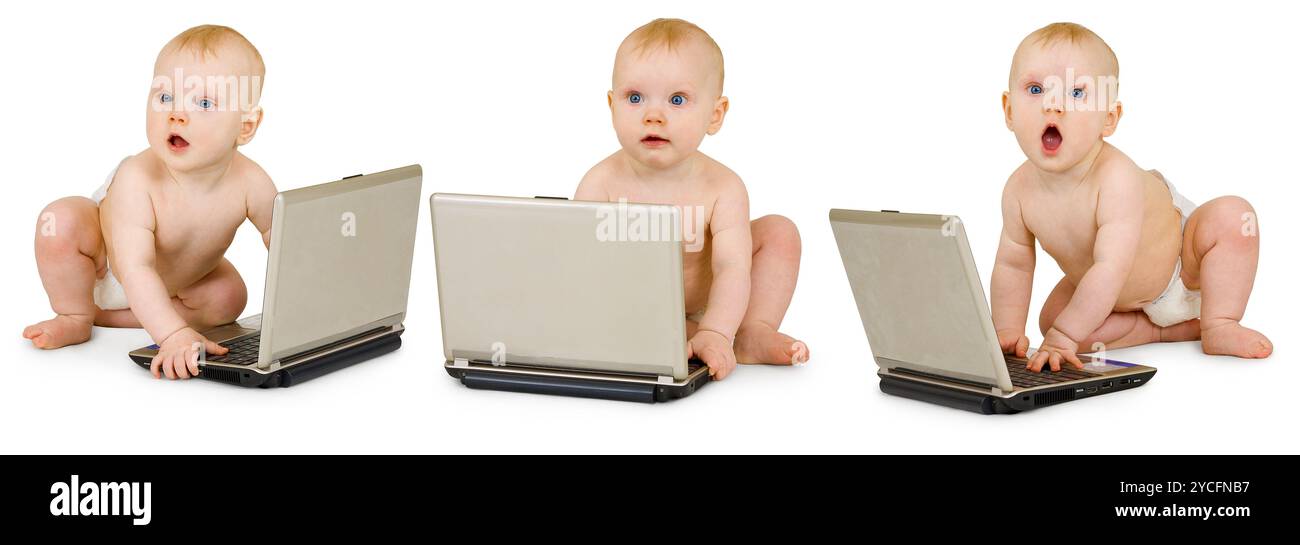 Three baby in diapers with laptops on white Stock Photo - Alamy