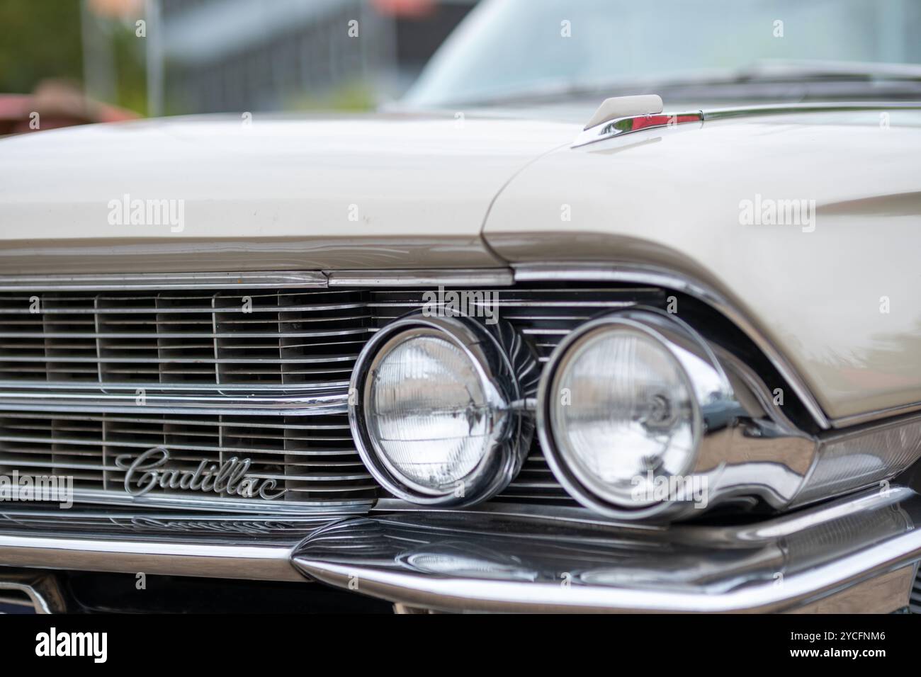 Close up view of a classic Cadillac featuring its iconic grille and ...