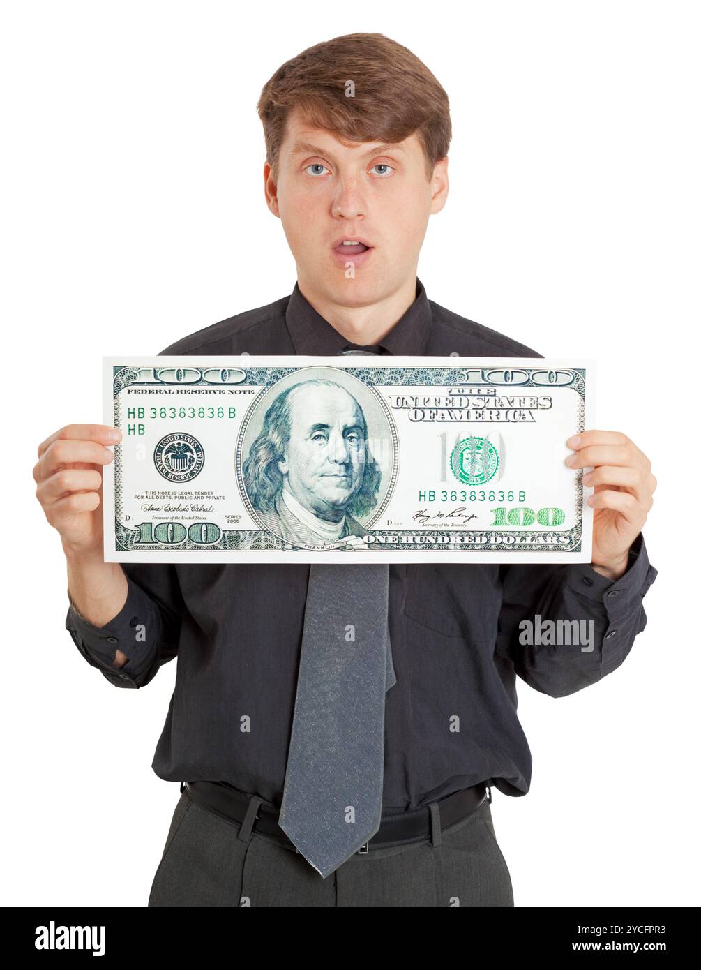 Funny stupid man holding a big money Stock Photo - Alamy