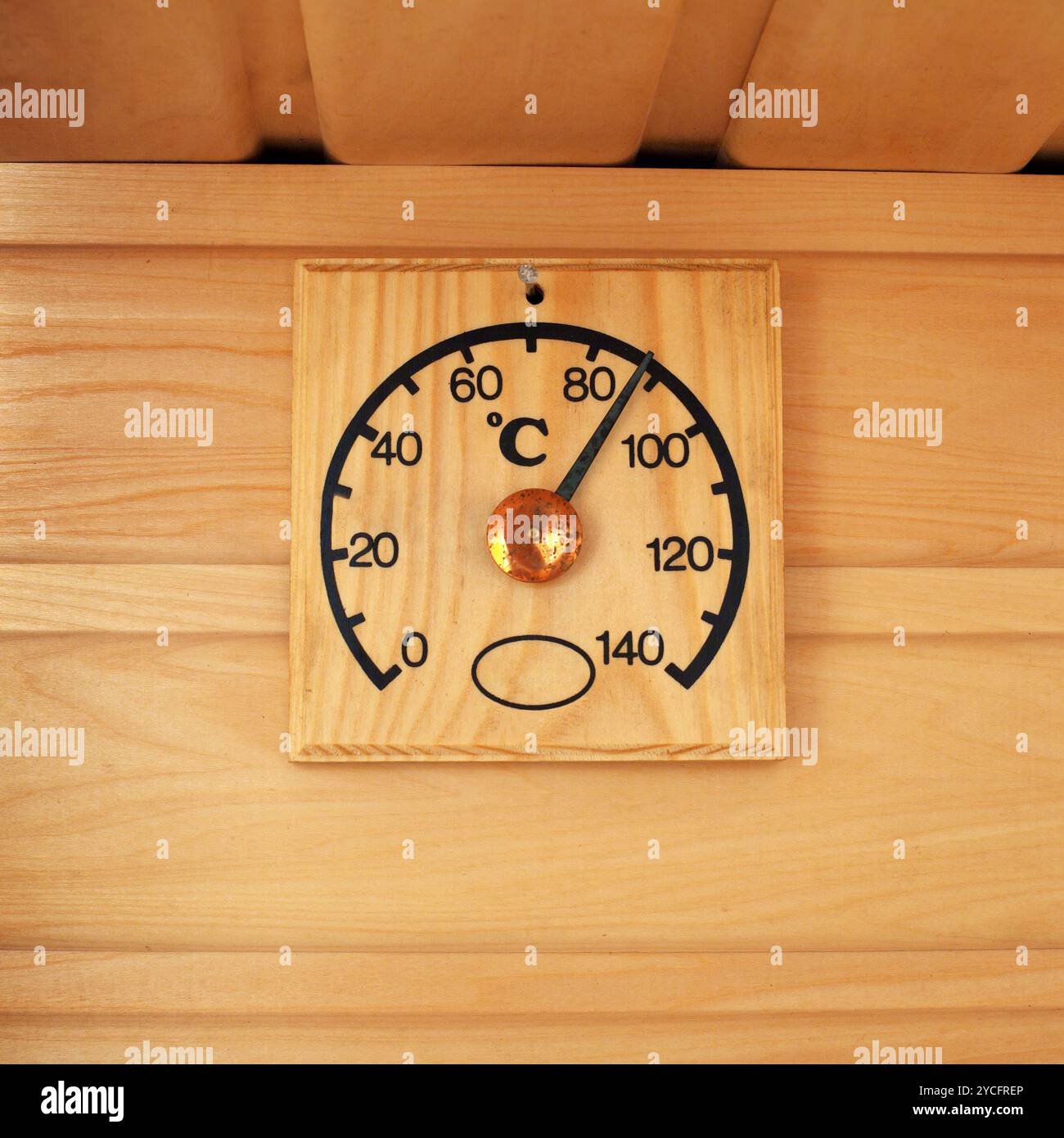Wooden thermometer - temperature in sauna Stock Photo - Alamy
