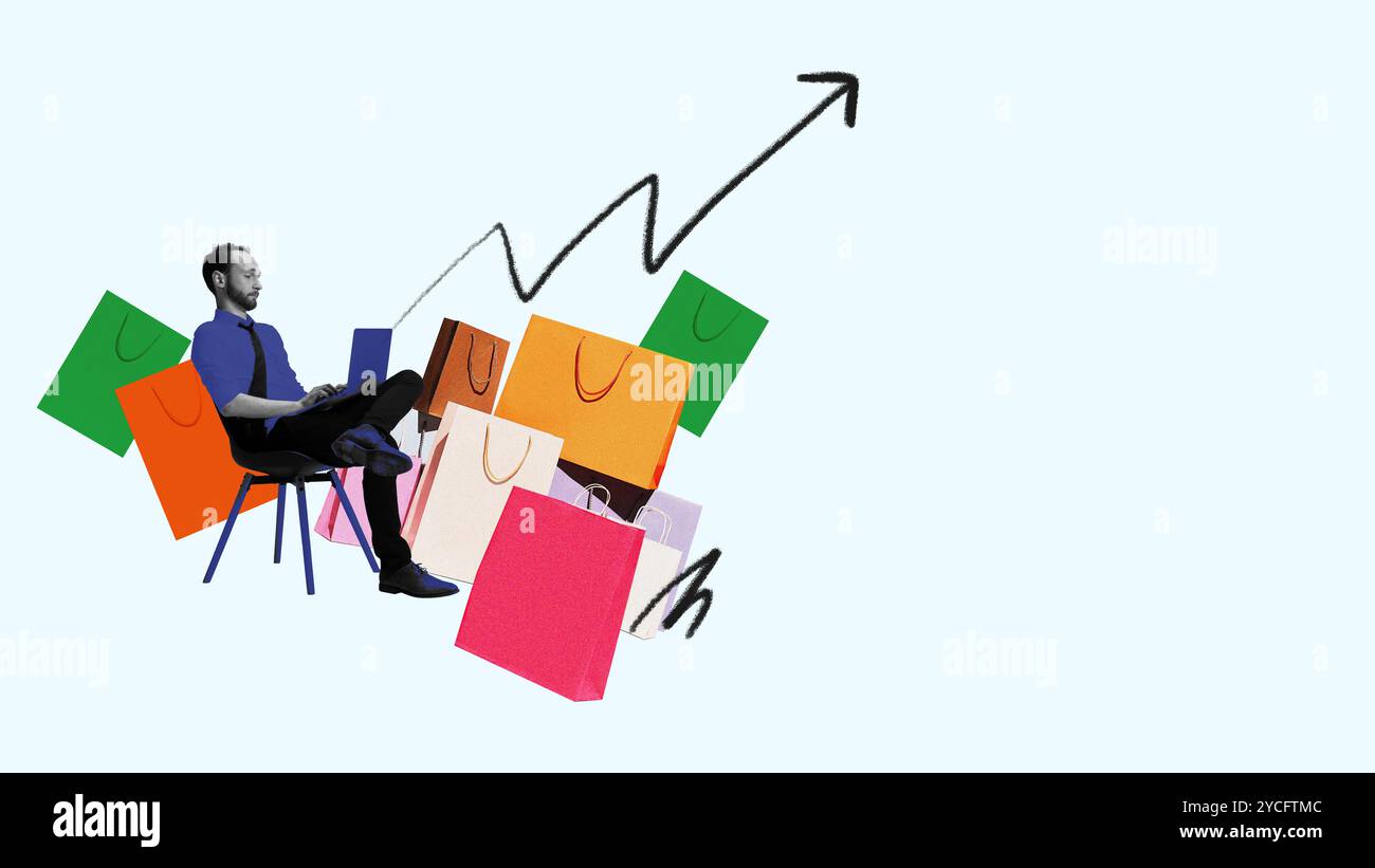 Contemporary art collage. Man seated with shopping bags and upward ...