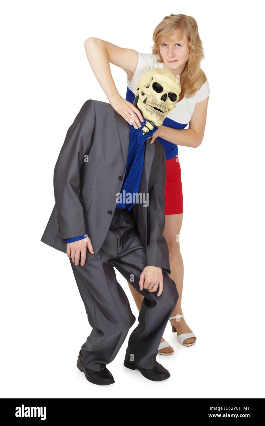 Girl choking a man in a mask of death isolated on a white background ...