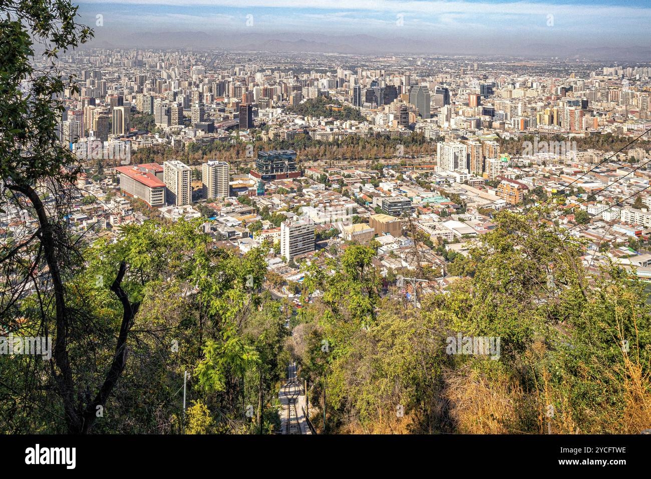 View of Santiago de Chile from the funicular to Cerro San Cristobal ...