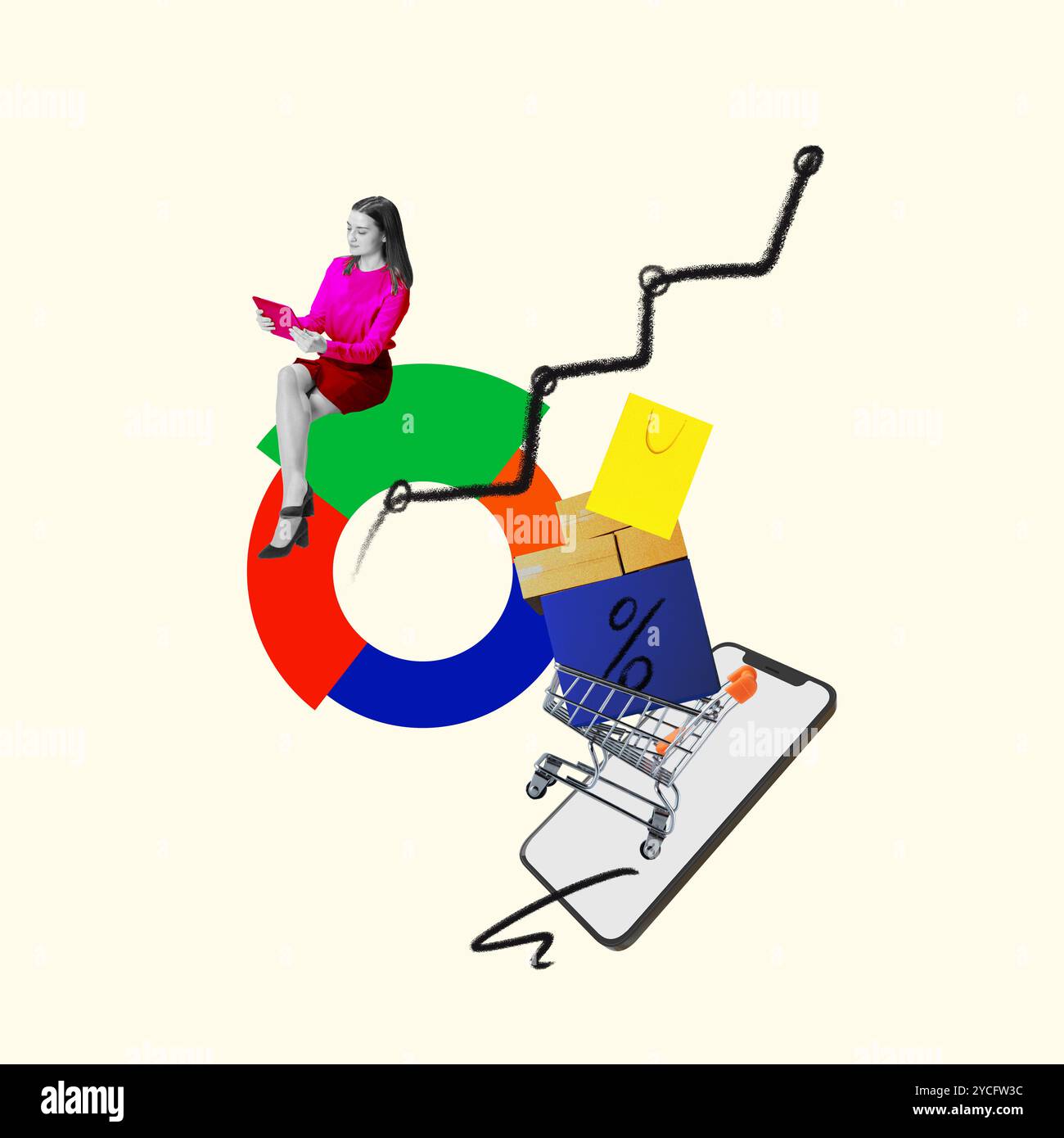 Contemporary art collage. Woman seated on pie chart with shopping cart ...