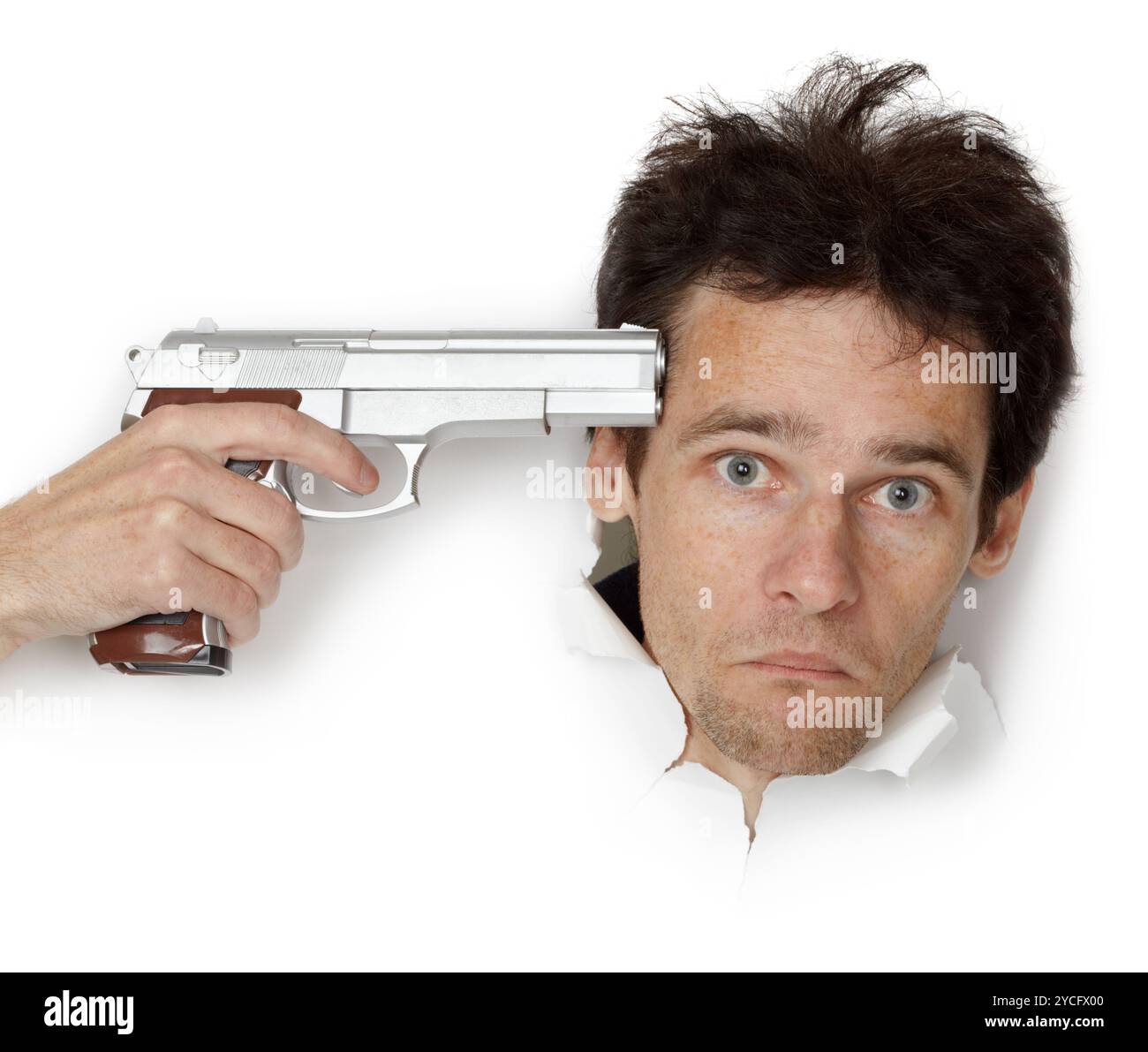 Man threatened with gun isolated on white background Stock Photo - Alamy