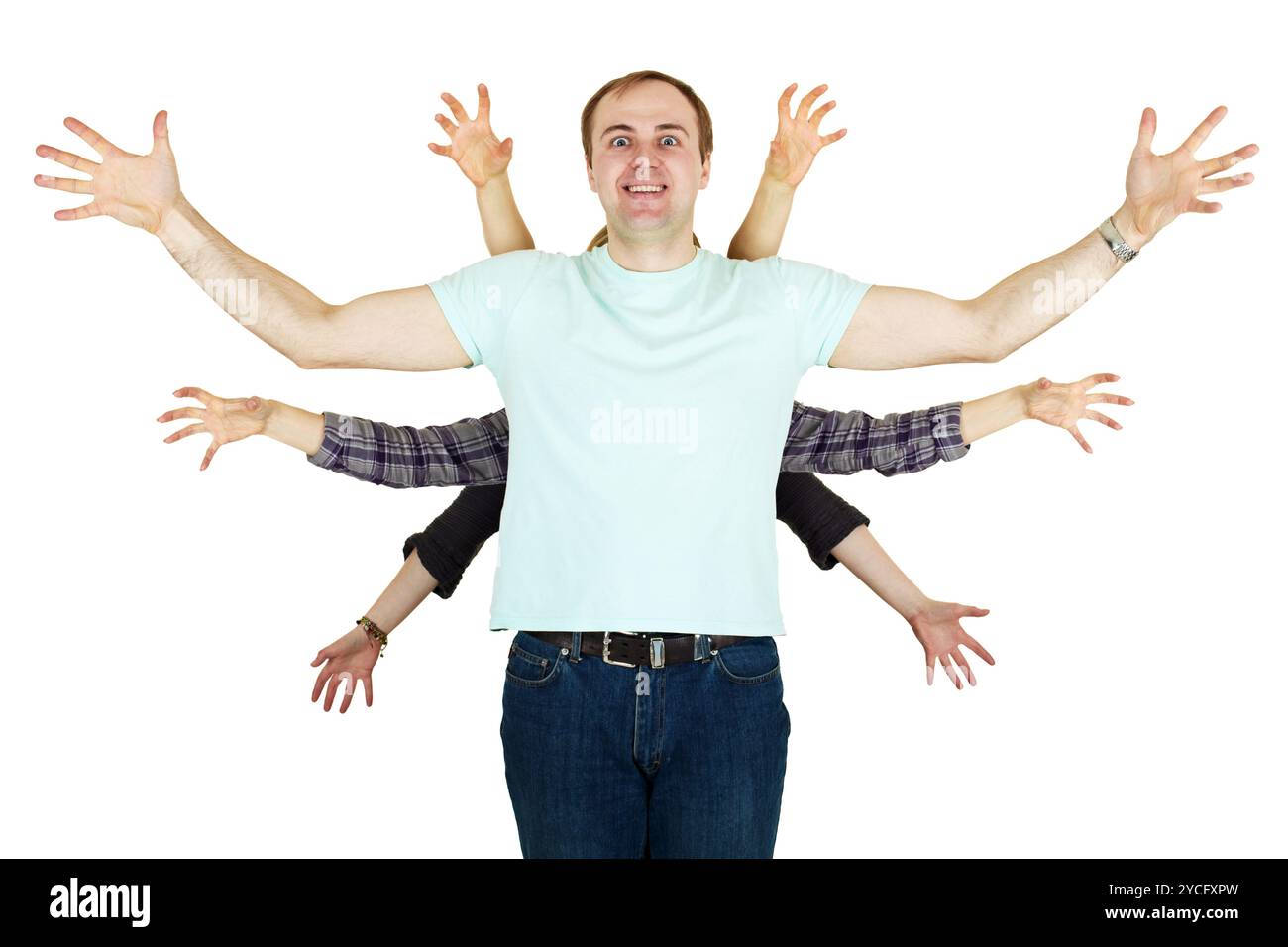 Cheerful people represent the multiarmed monster on a white background ...