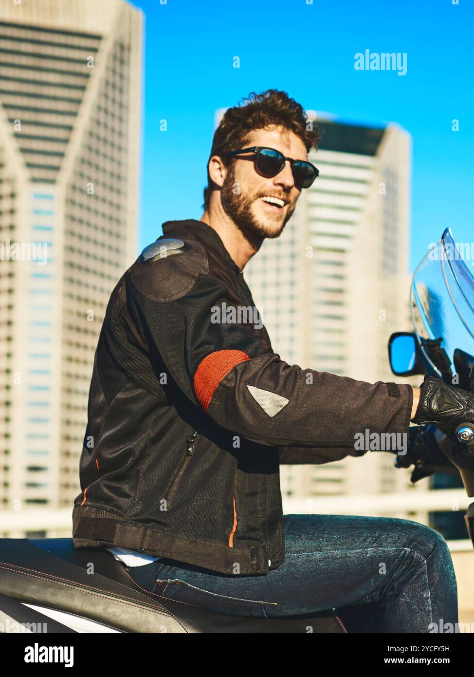 Biker, travel and smile with man in city for motorcycle, freedom and ...