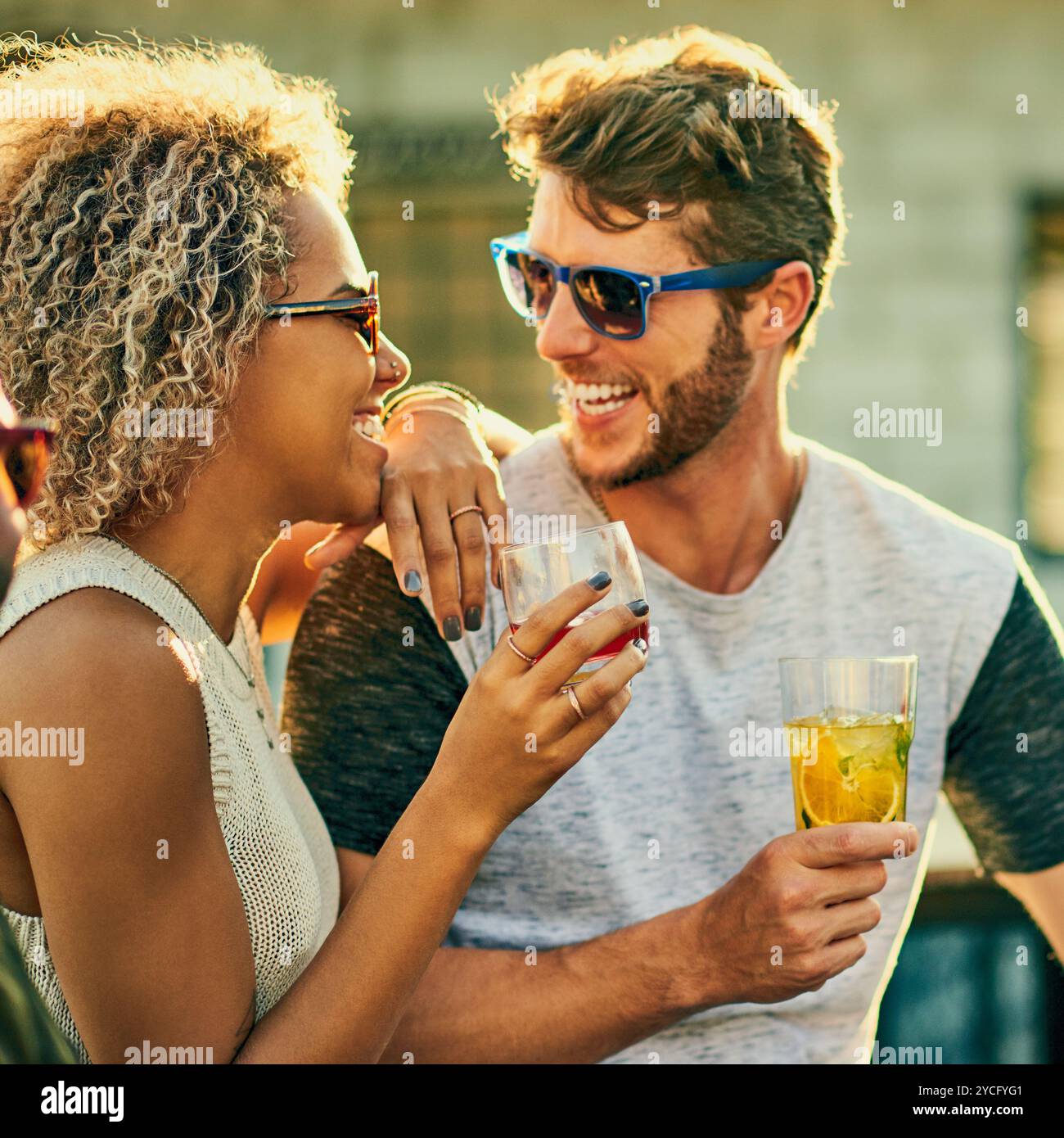 Drinking, friends and smile for hangout, outdoor and bonding for summer ...