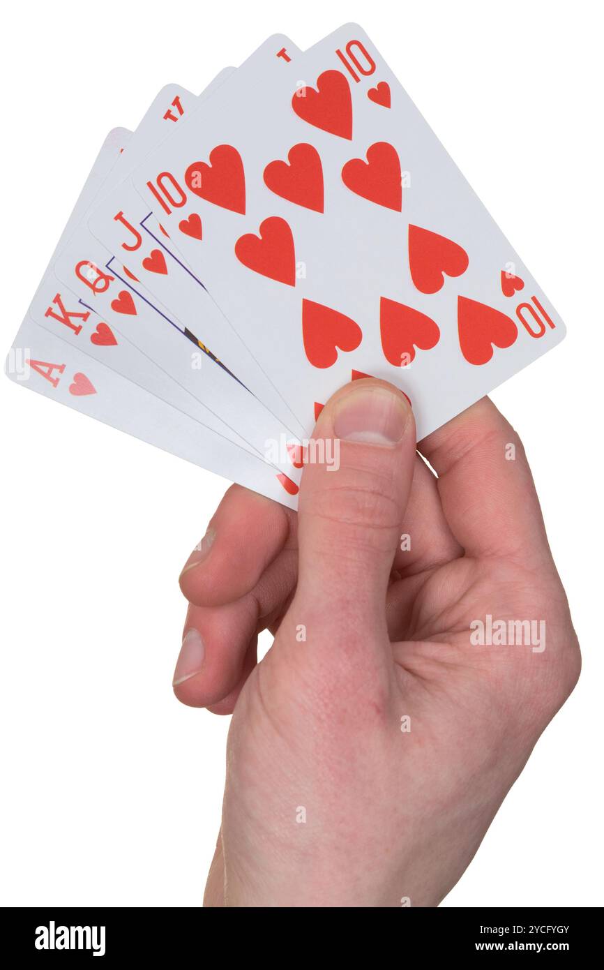 Playing card with heart on hand Stock Photo - Alamy