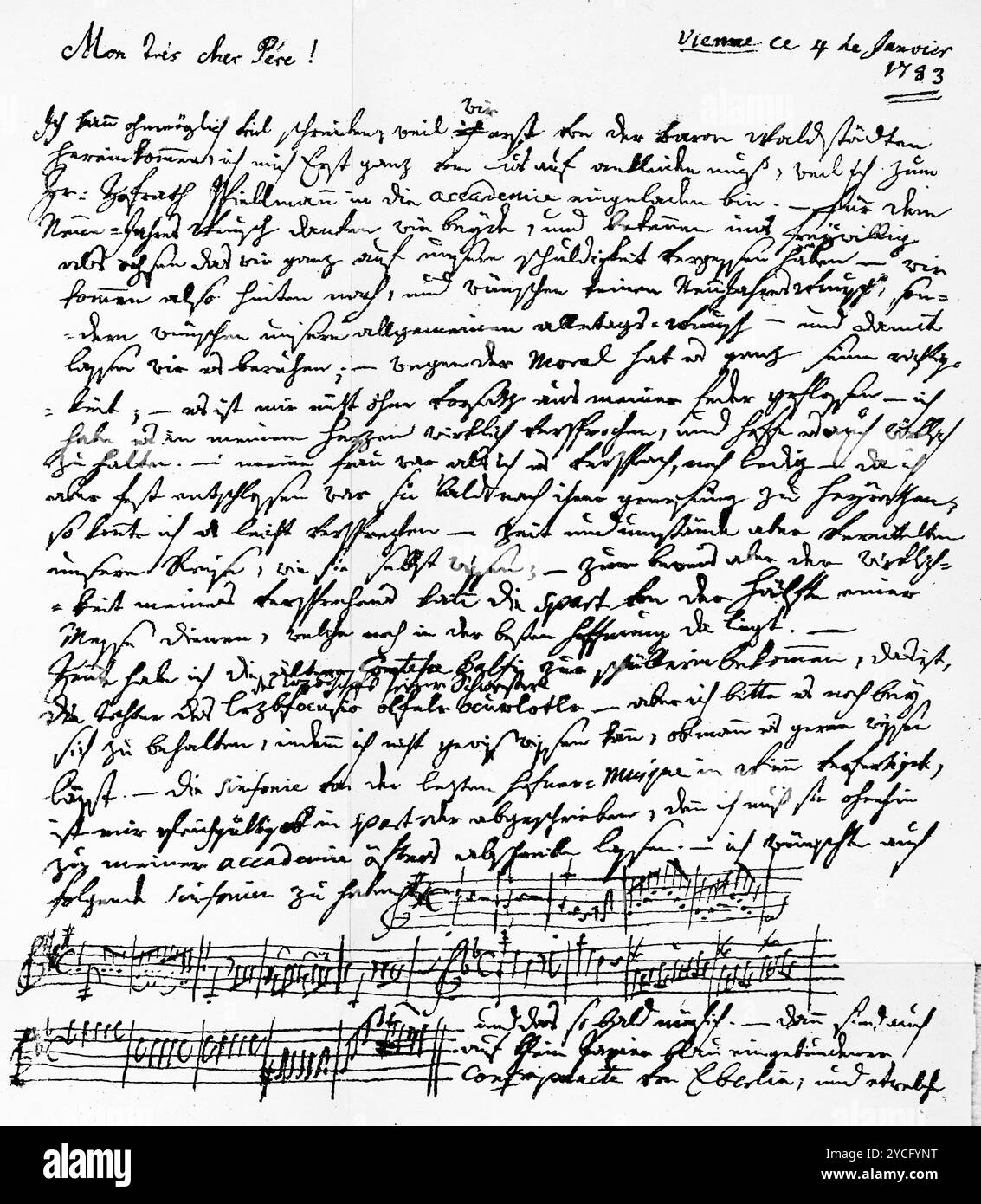 Facsimile of a letter by Wolfgang Amadeus to his father dated January ...