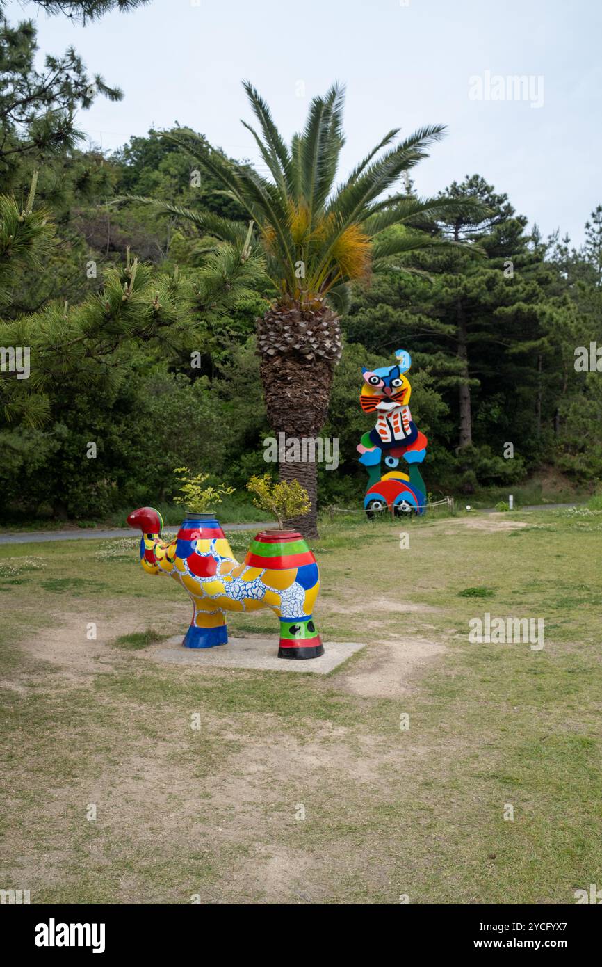 Sculptures at the Benesse House Museum on the island of Naoshima in ...