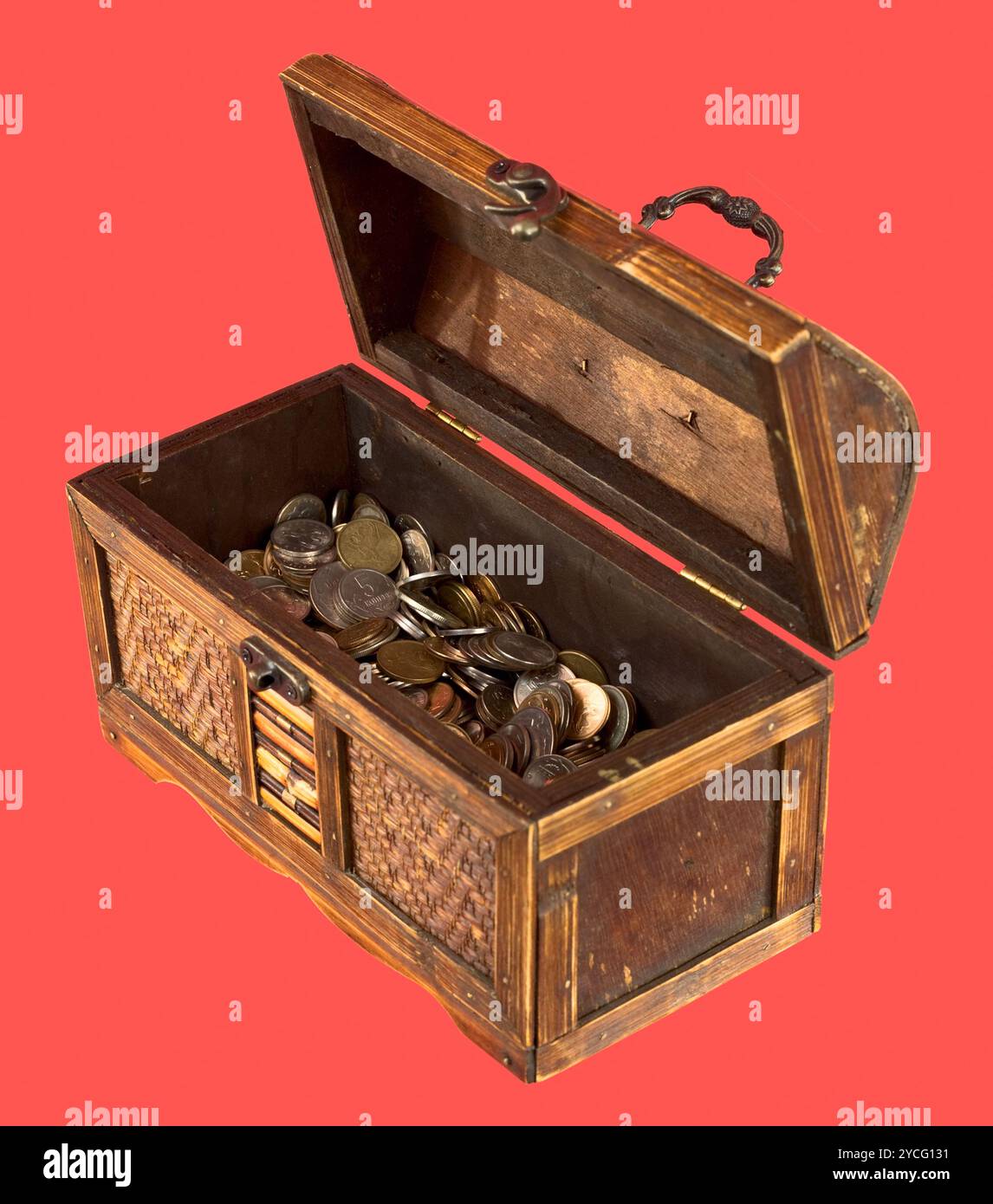 Wooden opening ancient chest with coins on red Stock Photo - Alamy