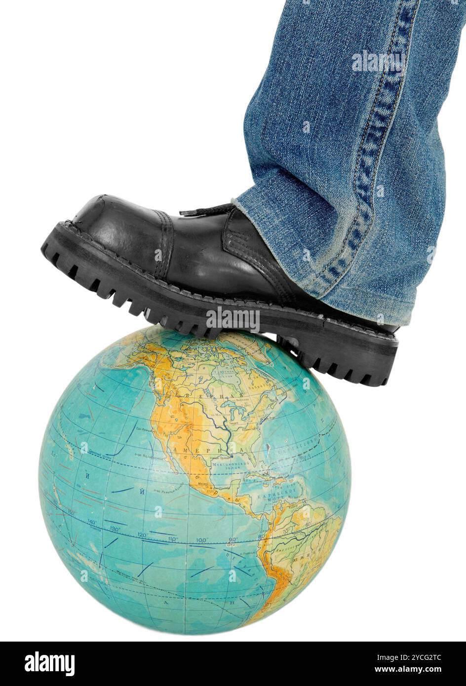 Boot on terrestrial globe on a white background Stock Photo - Alamy