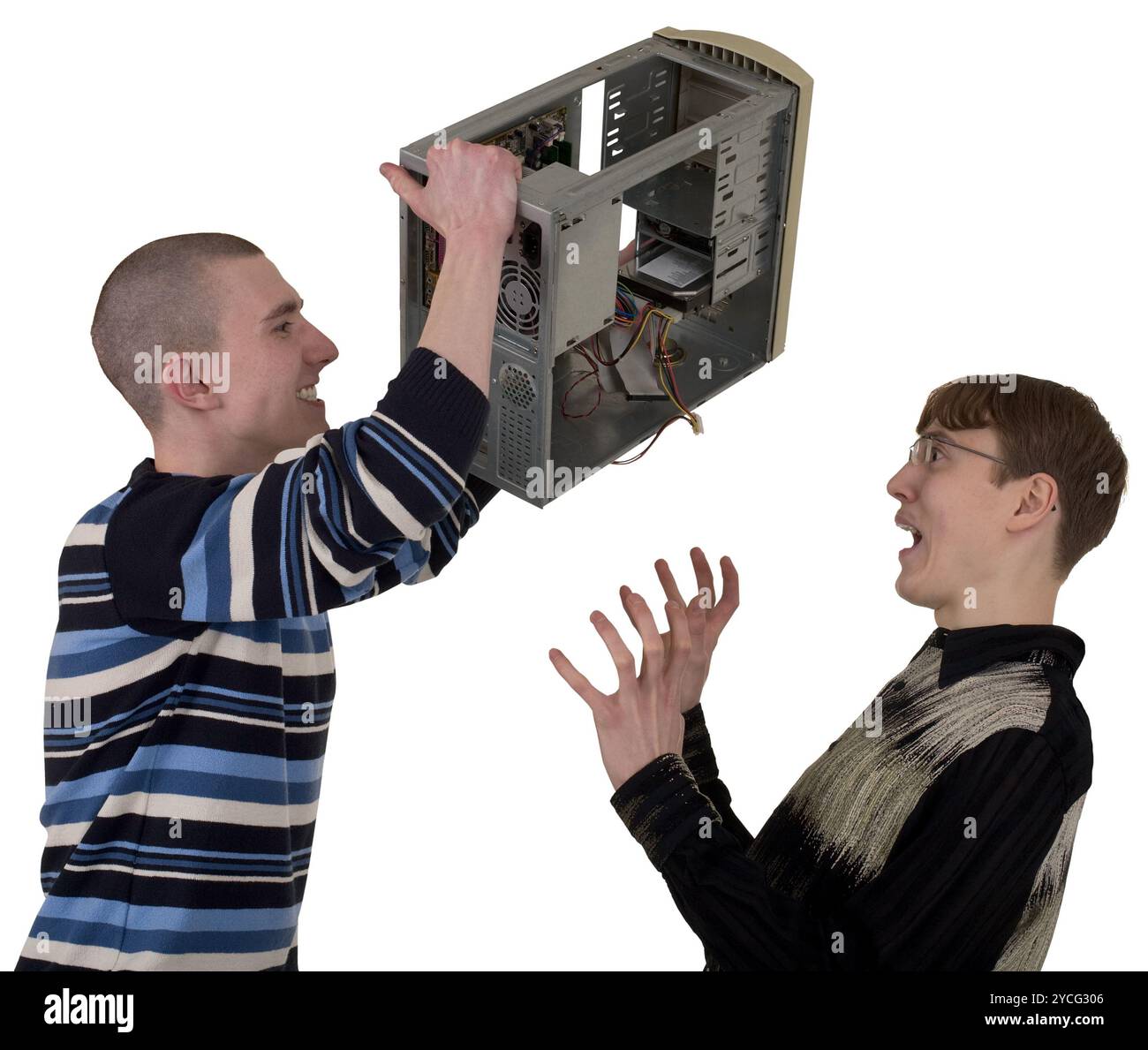 Serviceman covered computer on head of client Stock Photo - Alamy