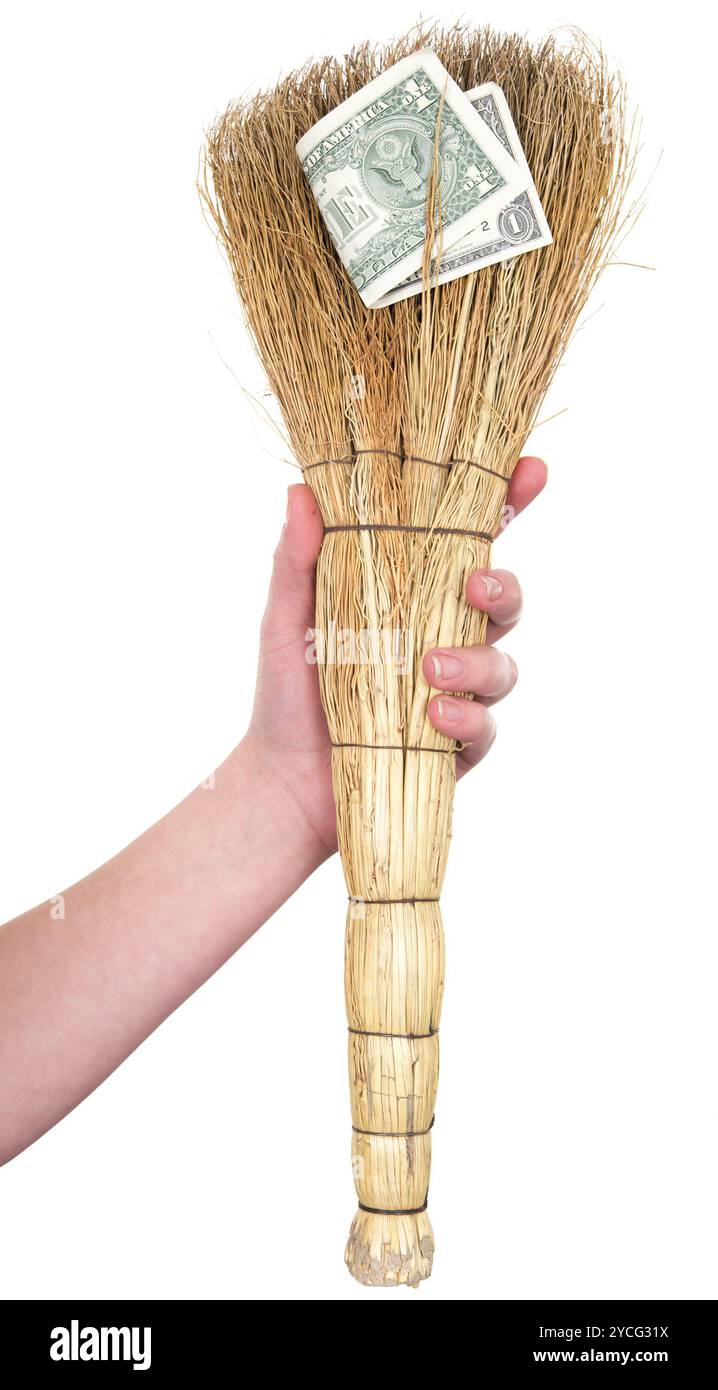 Old dirty broom with dollar on a white background Stock Photo - Alamy