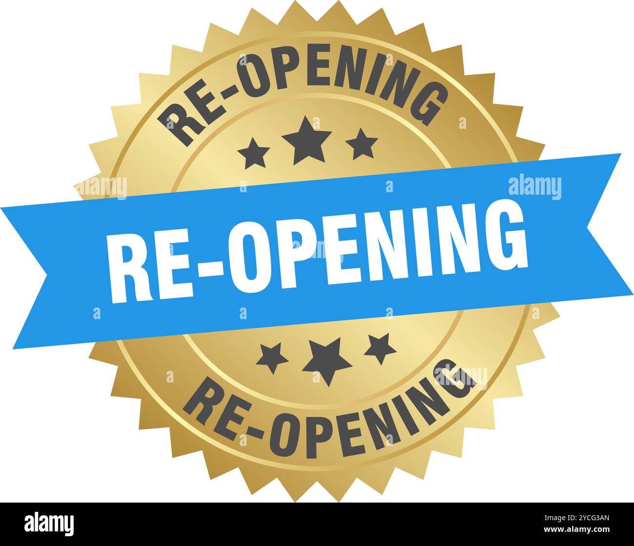 re-opening round blue and gold label isolated on transparent background ...