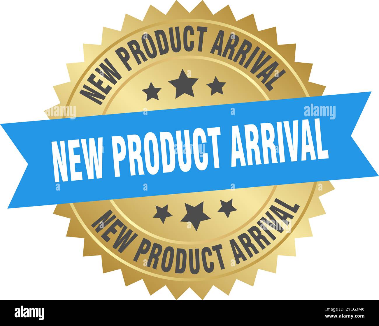 new product arrival round blue and gold label isolated on transparent ...