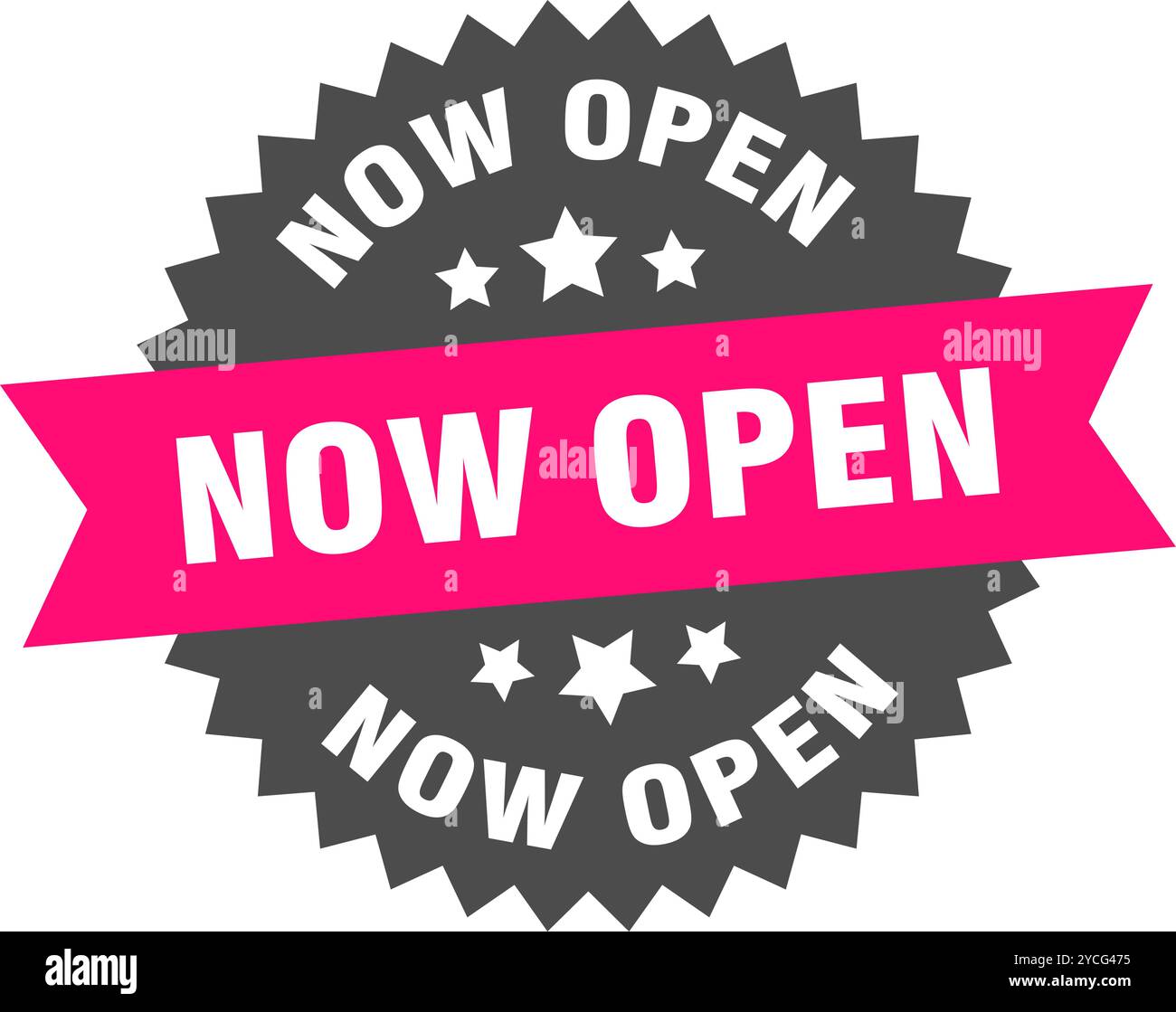 now open round pink label isolated on transparent background. now open ...