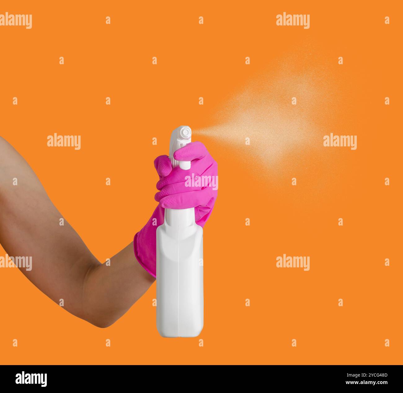 Hand in pink glove sprays detergent on orange background. Banner with ...