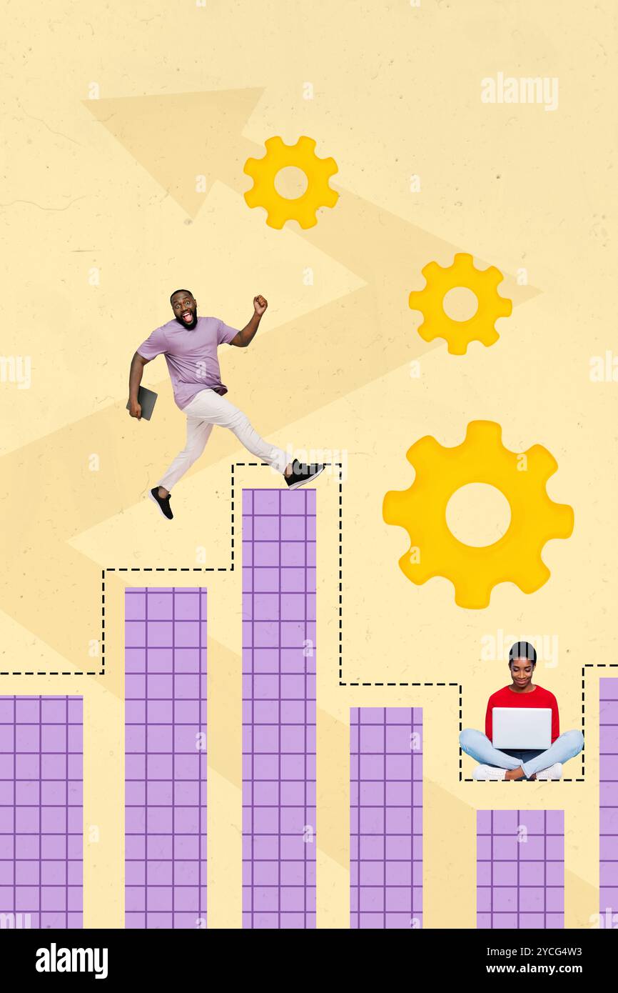 Vertical poster collage young woman man colleagues business process ...