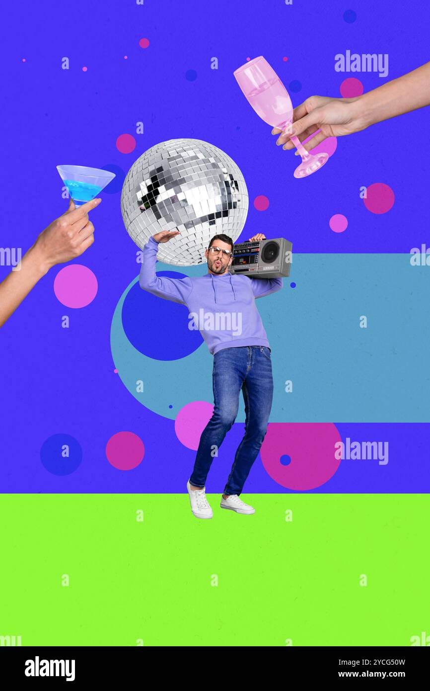 Vertical photo collage of happy man hold boombox recorder retro party ...