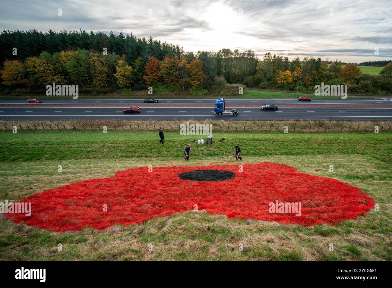 Giant poppies are painted onto the grass pyramids alongside the M8 ...