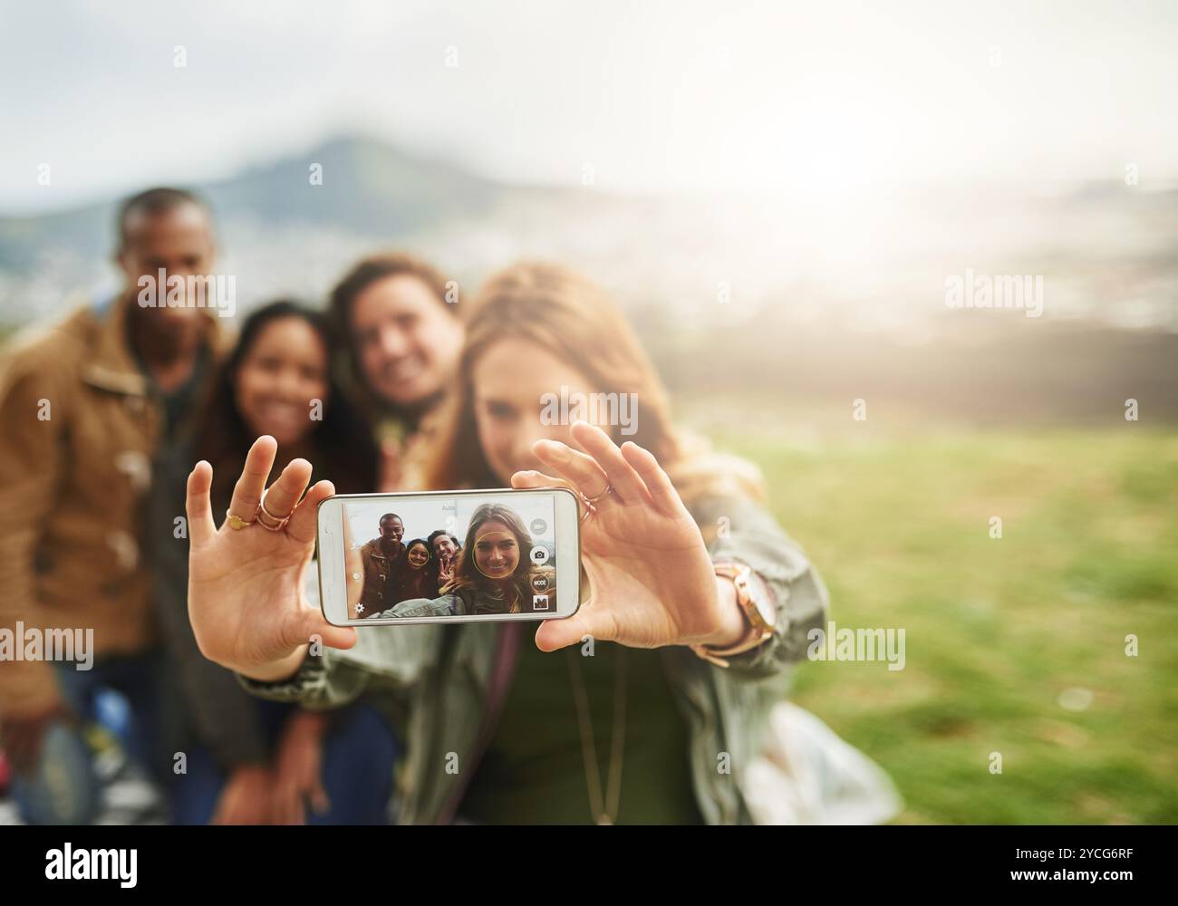 Friends, screen and selfie of people in park for social media, online ...
