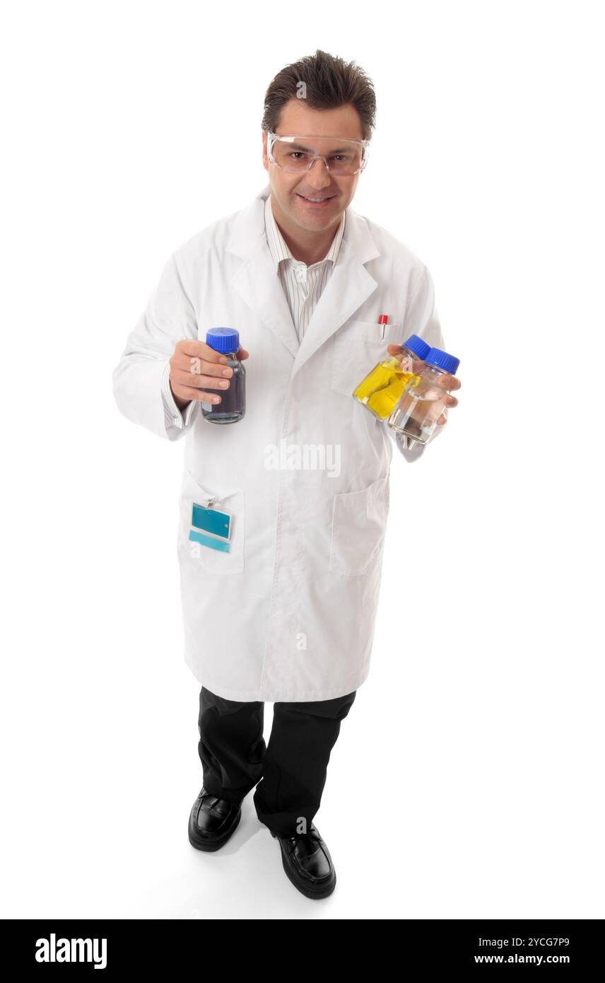 Scientist carrying lab bottles Stock Photo - Alamy