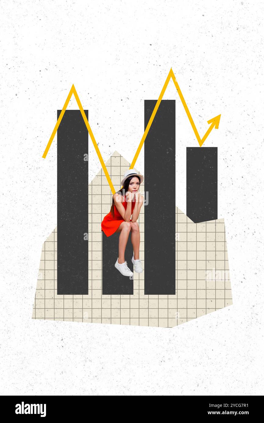 Vertical photo collage of tired girl employee sit chart development ...