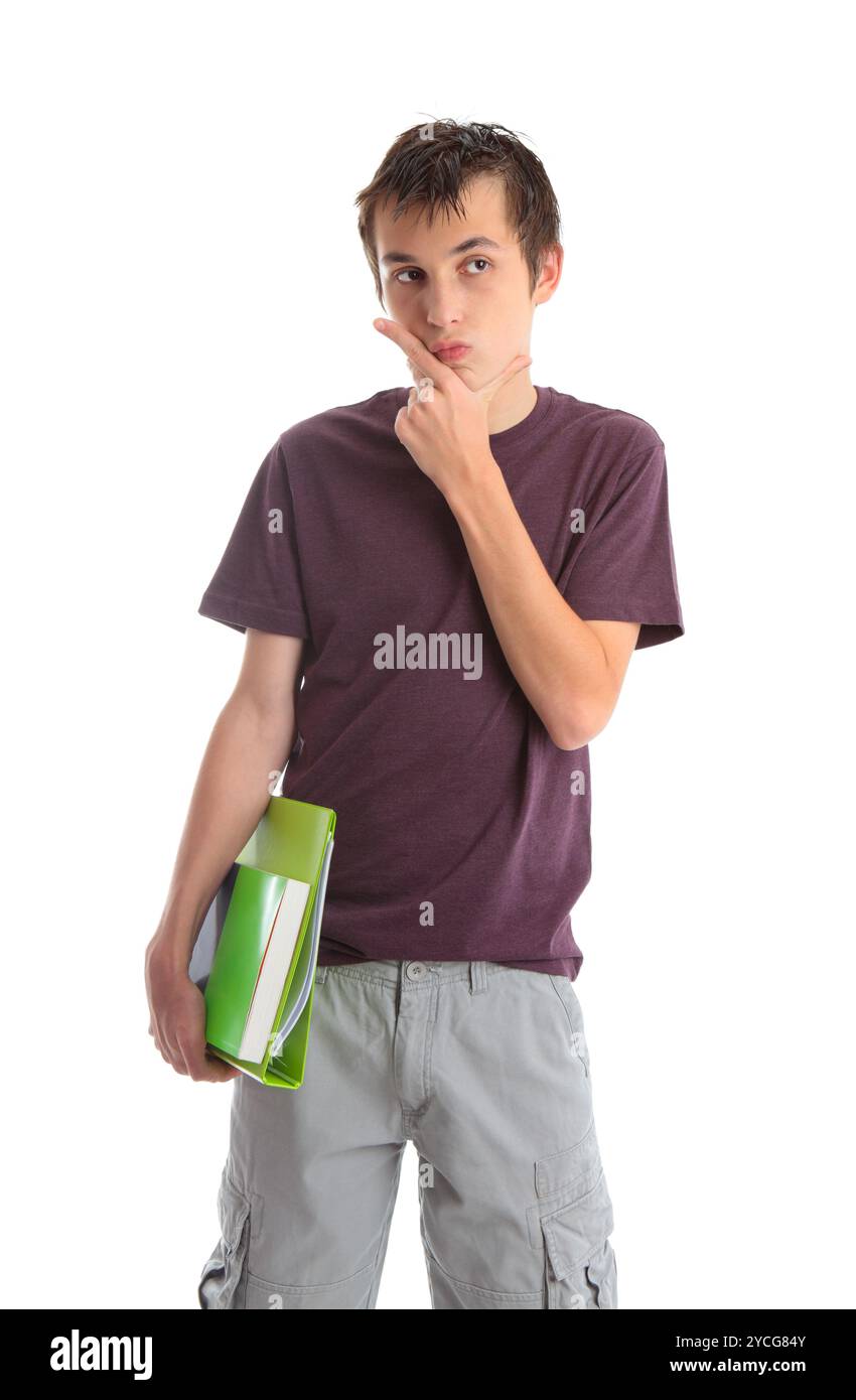 Student carrying books in a thinking, pondering, deliberative ...
