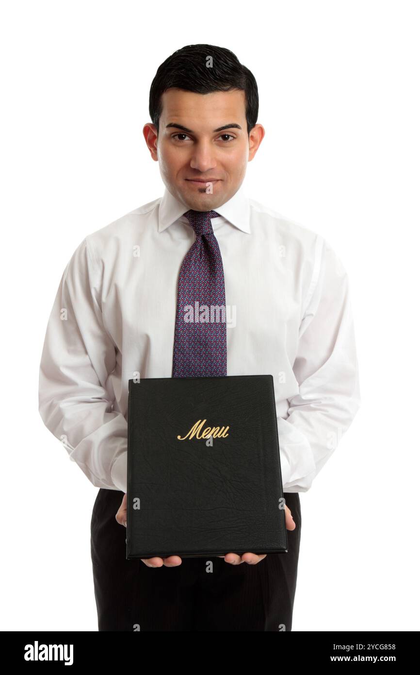 Business owner or waiter presenting a menu folder Stock Photo - Alamy