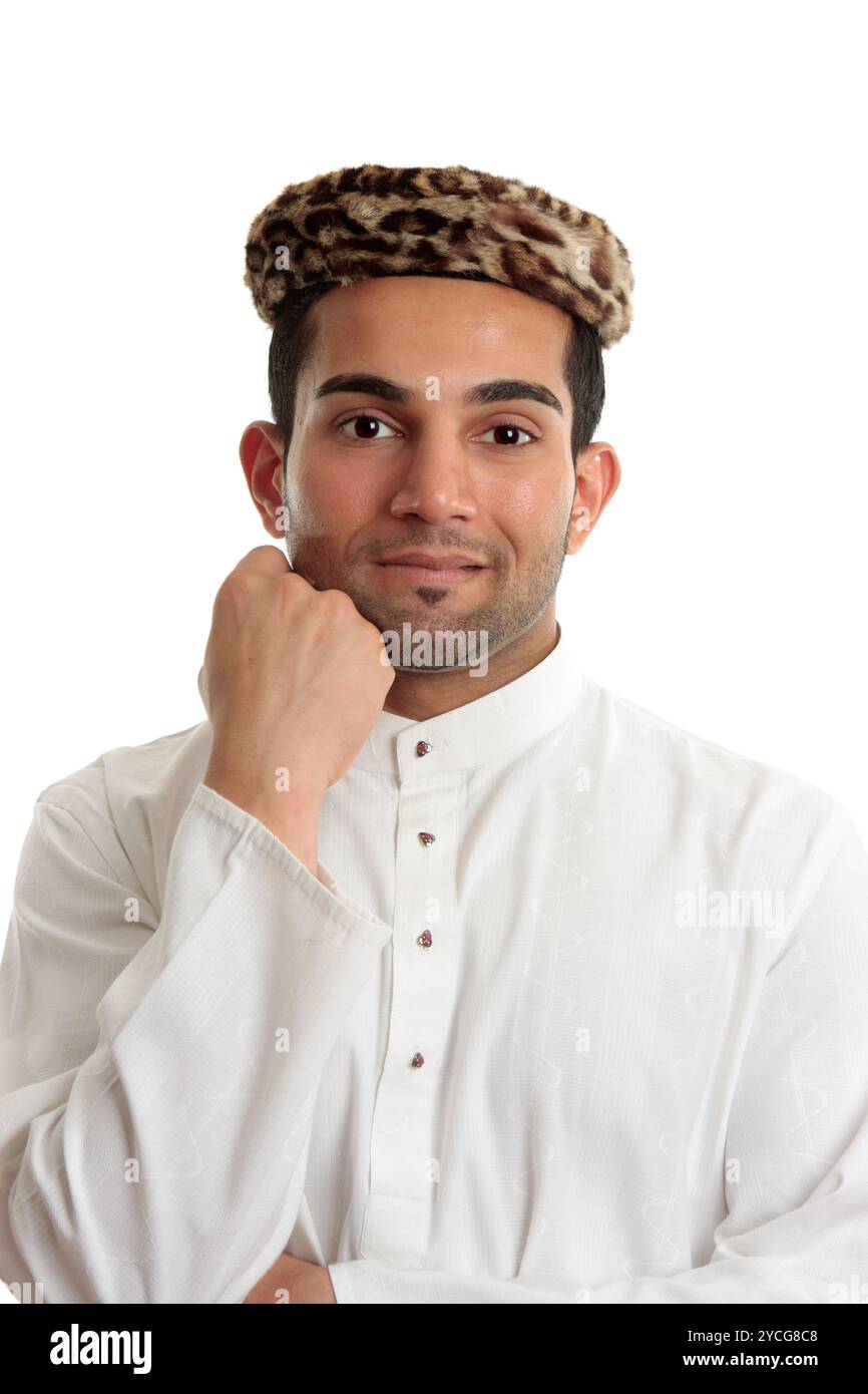 Happy ethnic man wearing traditional cultural clothing. White ...