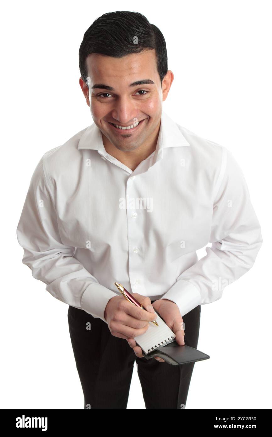A very happy businessman, waiter, student or other occupation, holding ...
