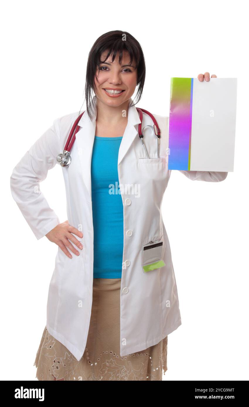 Beautiful smiling female doctor holding a brochure, booklet or fact ...