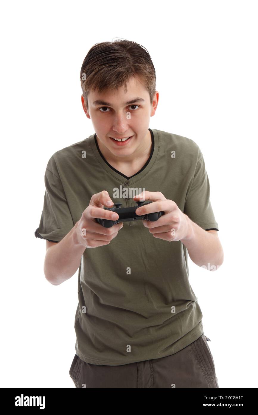 Happy teen boy playing a game Stock Photo - Alamy