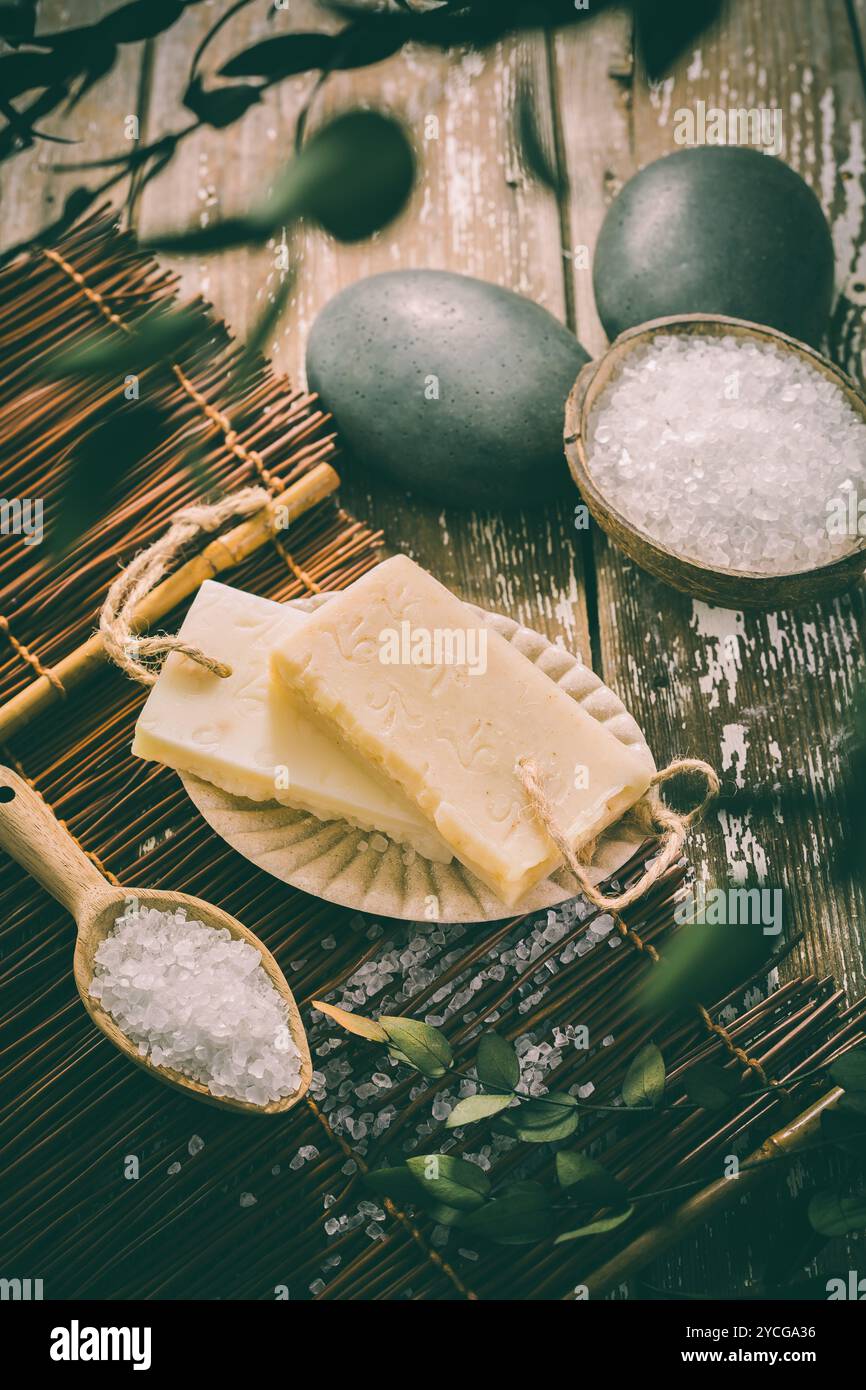 Organic handmade soaps, bath salt, wellbeing and relaxation concept ...