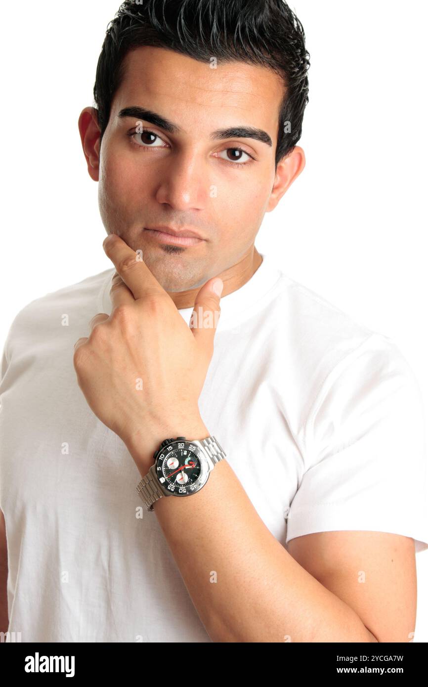 A thinking contemplative man with one hand to chin. White background ...
