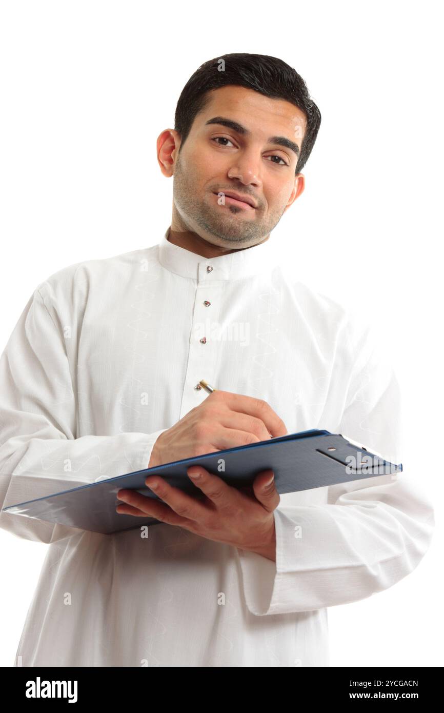 Ethnic arab mixed race businessman with pen and clipboard folder. White ...