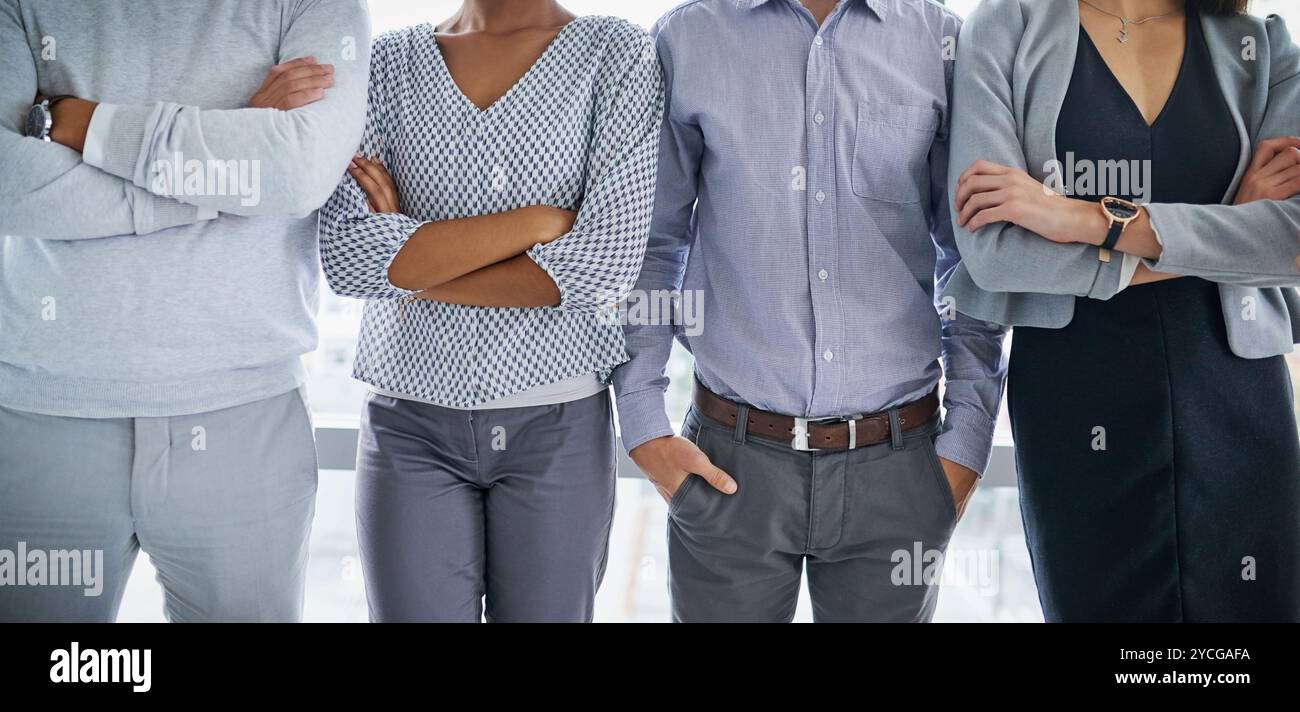 Business people, closeup and teamwork in office, line and cooperation ...