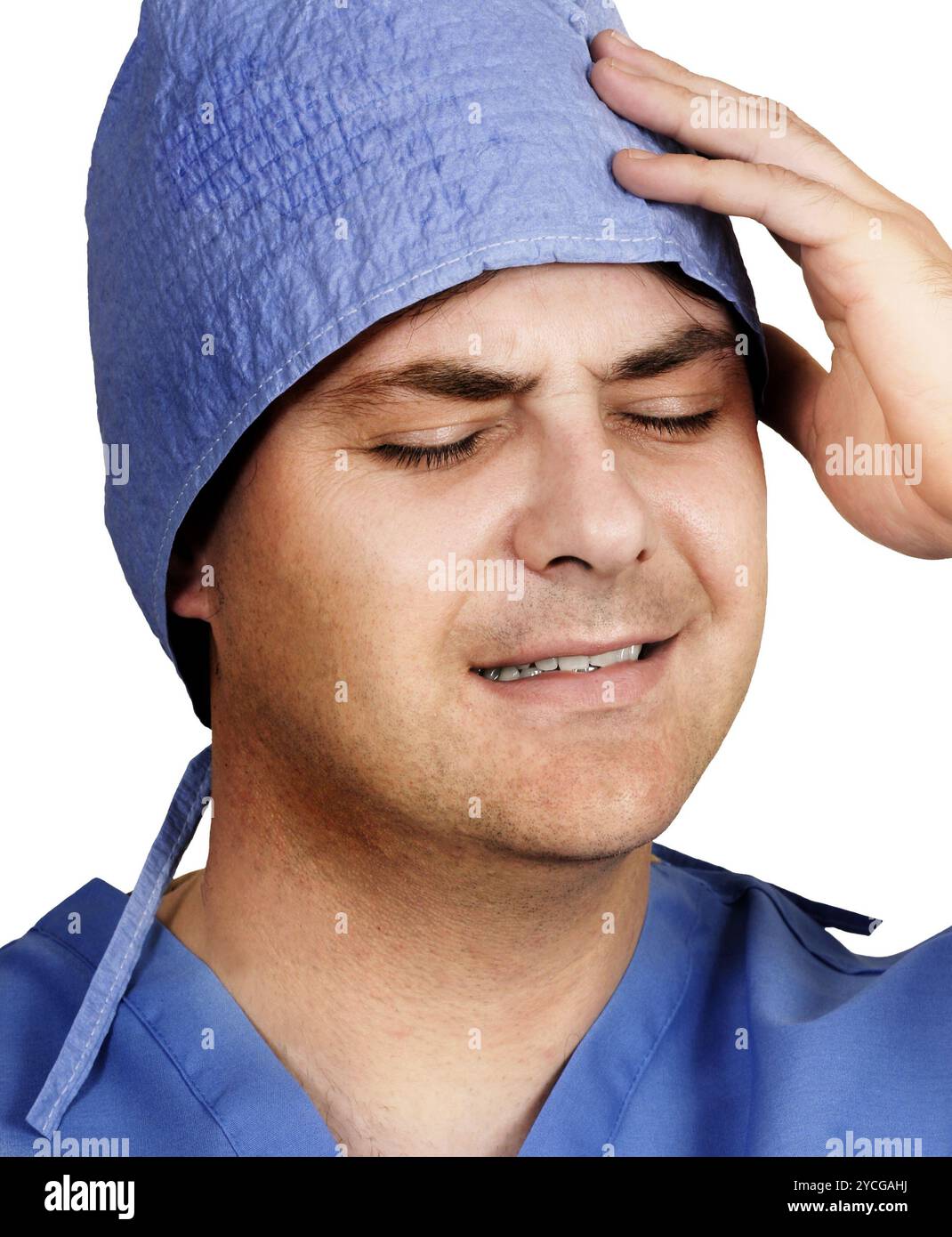 Surgeon wincing. Medical mistake, medical malpractice, headache, stress ...
