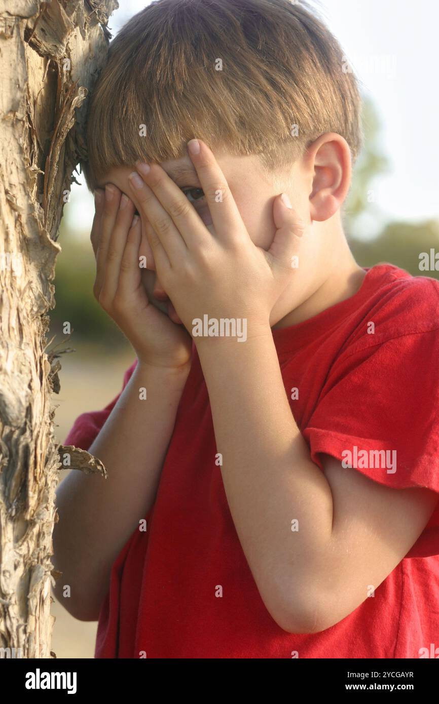 Boy playing hide and seek Stock Photo - Alamy