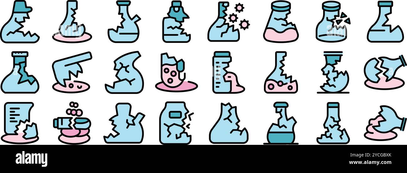 Set of colorful icons depicting broken lab flasks, symbolizing lab ...